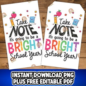 Printable Back to School Tag, Take Note Tag, Bright School Year First ...