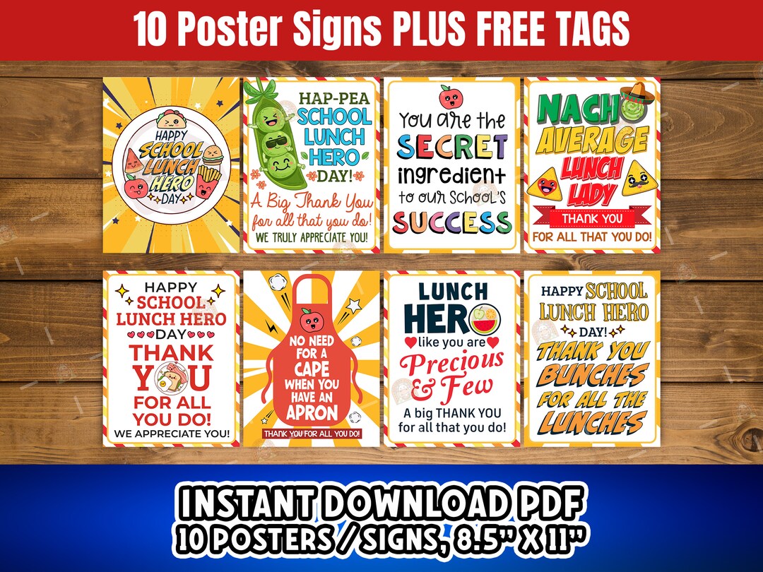 School Lunch Hero Day Sign Set of 10, Printable School Lunch Hero Thank ...
