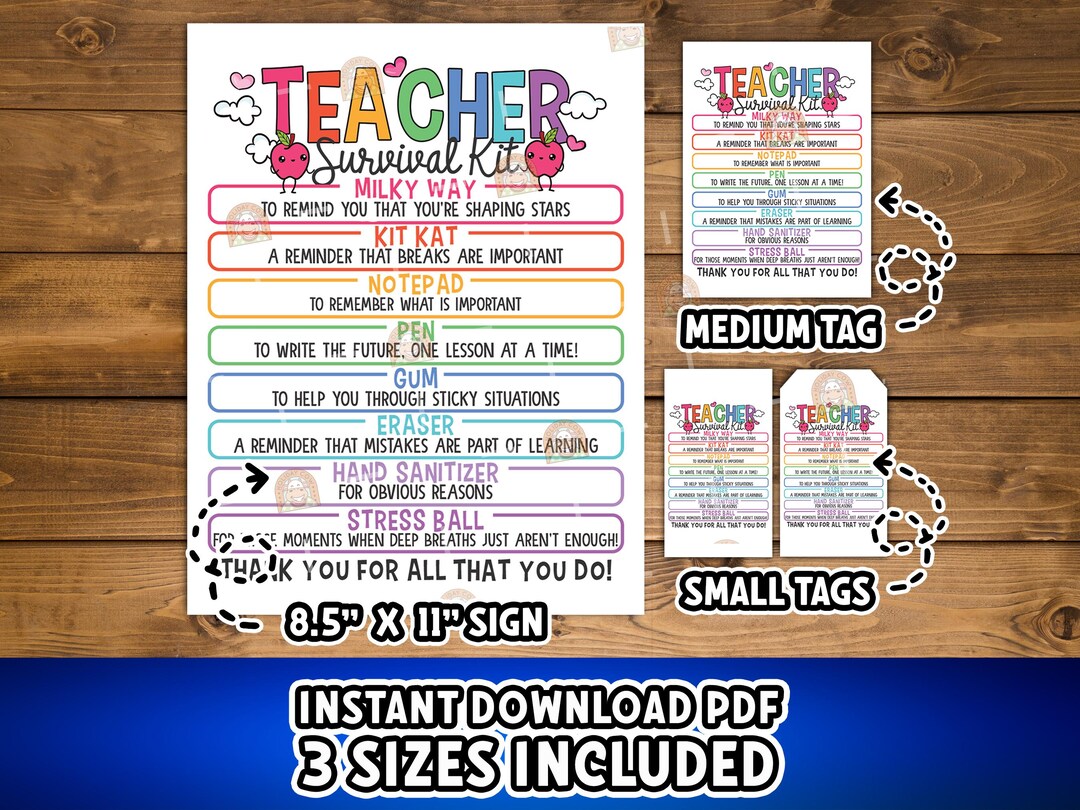 Teacher Survival Kit Tags, 1st Day of School Survival Kit Gift Tags ...
