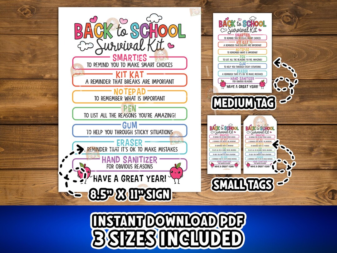 Back to School Survival Kit Tags, First Day of School Survival Kit Gift ...