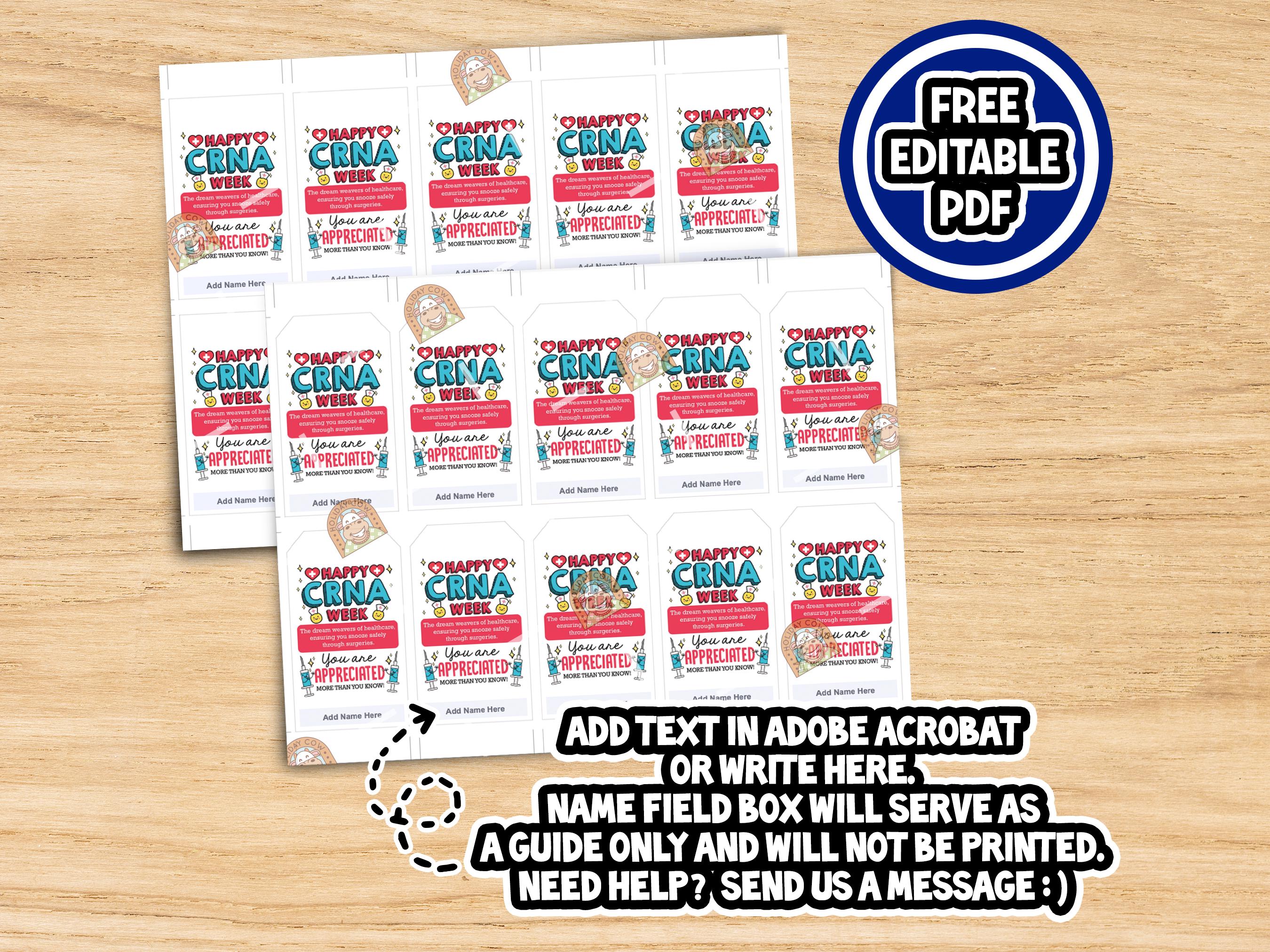 Printable CRNA Week Tag, Nurse Anesthetist Week Gift Tag, Srna Thank ...