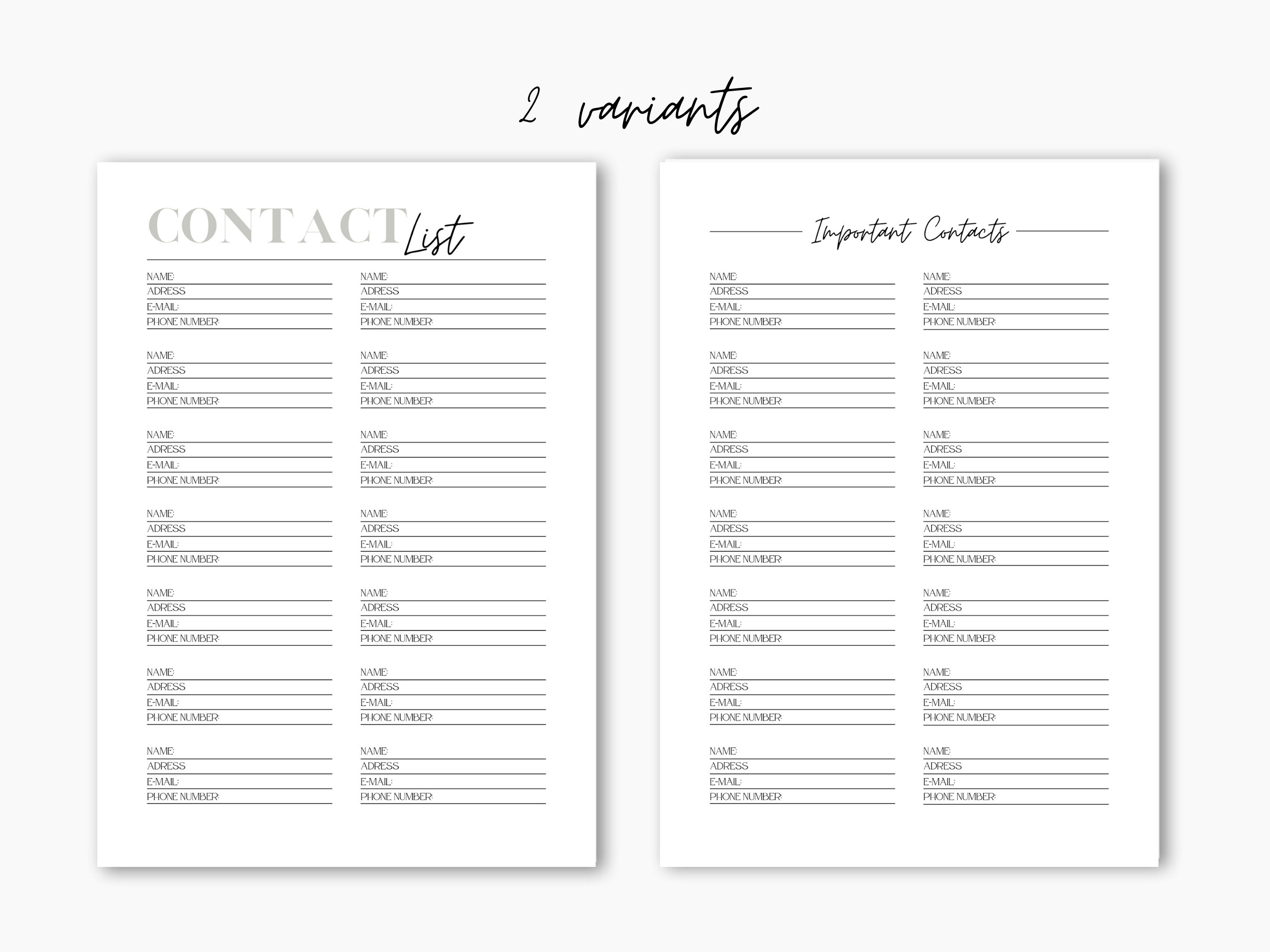 Printable Contact List I A4, A5 and US Letter Size I Printable PDF I ...