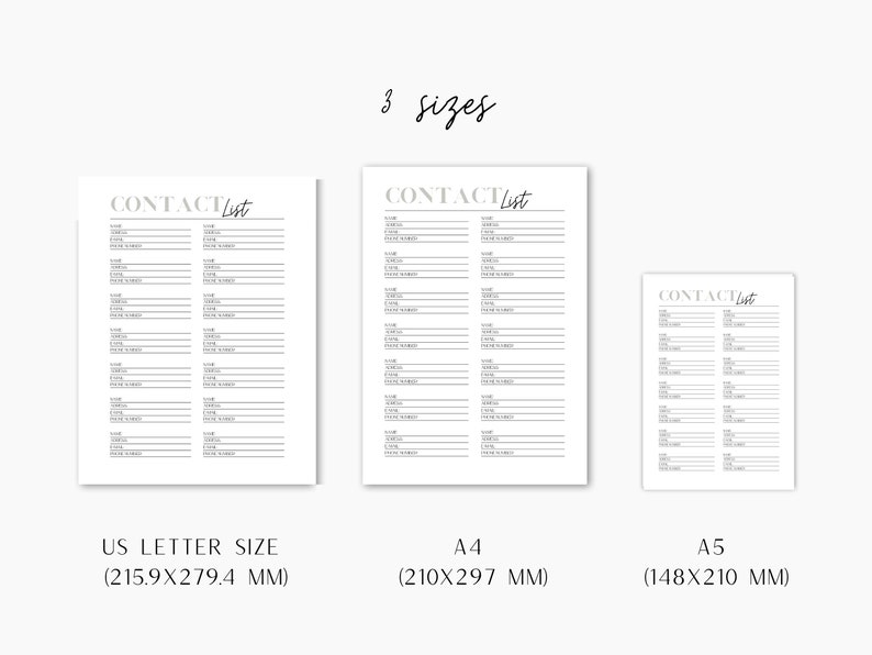 Printable Contact List I A4, A5 and US Letter Size I Printable PDF I ...