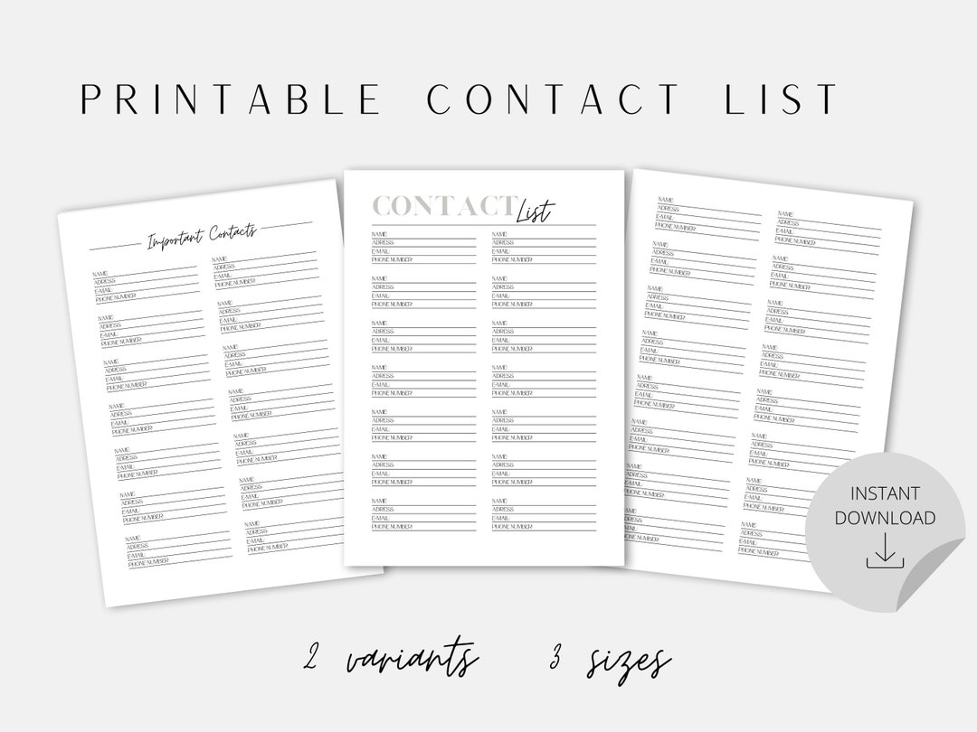 Printable Contact List I A4, A5 and US Letter Size I Printable PDF I ...