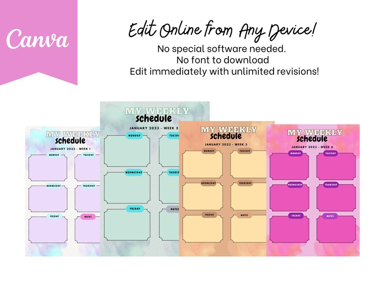 WEEKLY SCHEDULE Template: Colourful Weekly Planner Printable PDF A4 ...