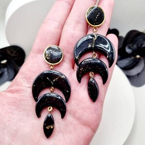 Large Black Gold Drop Dangle Moon Earrings in Polymer Clay & Gothic ...