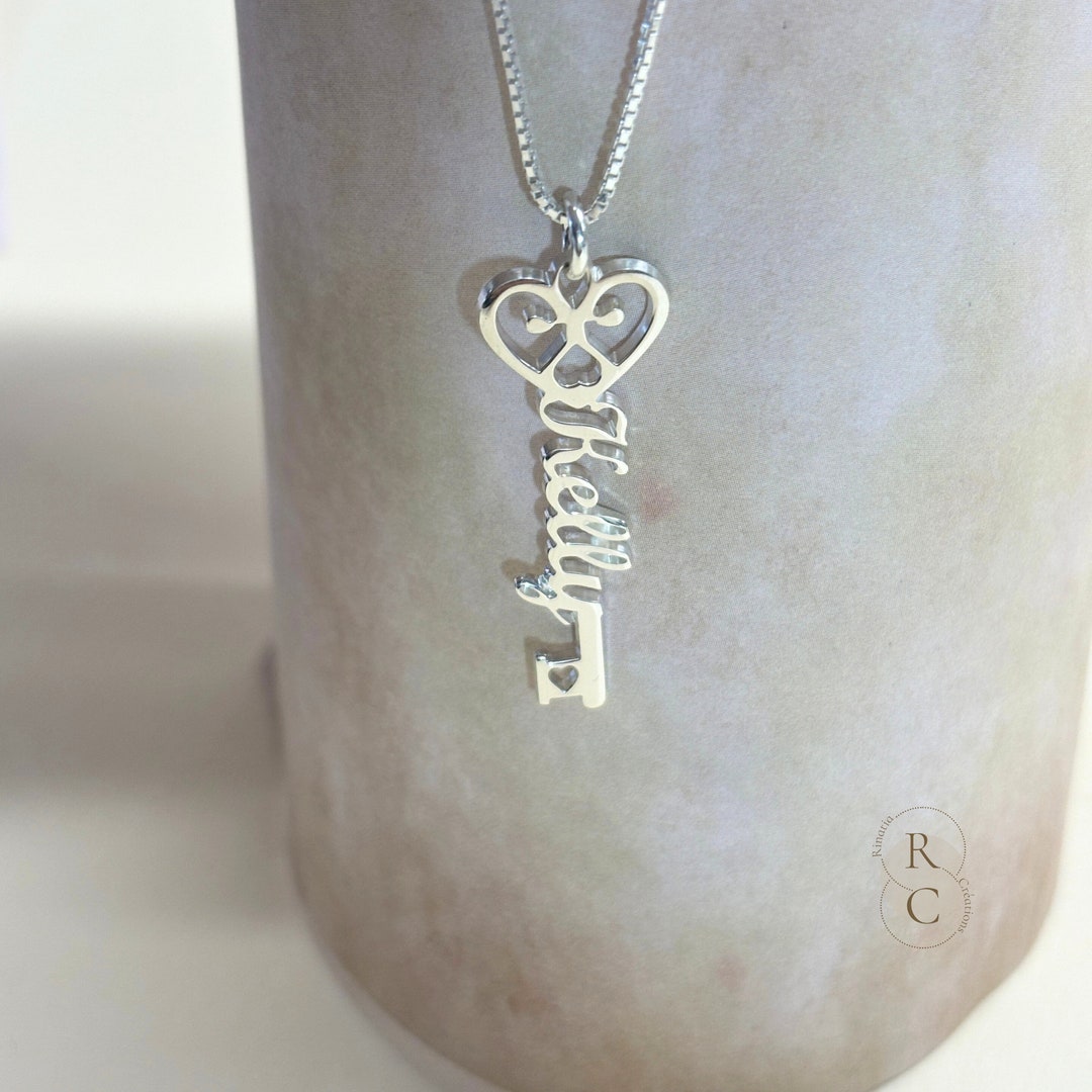 Personalized Sterling Silver Key Name Necklace: Heart Pendant - Etsy