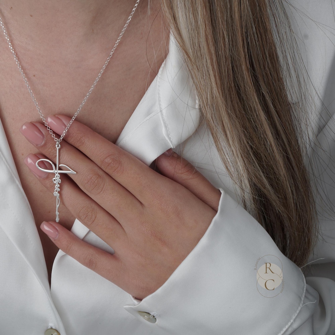 Jesus Name Cross Handwritten Necklace for Women-sterling Silver Long ...