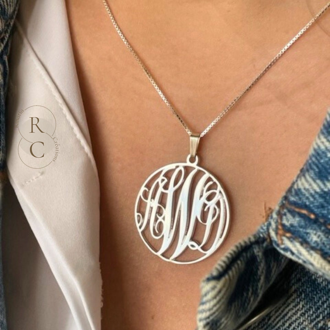 925 Sterling Silver Circle Monogram Necklace With 3 Intertwined Letters ...