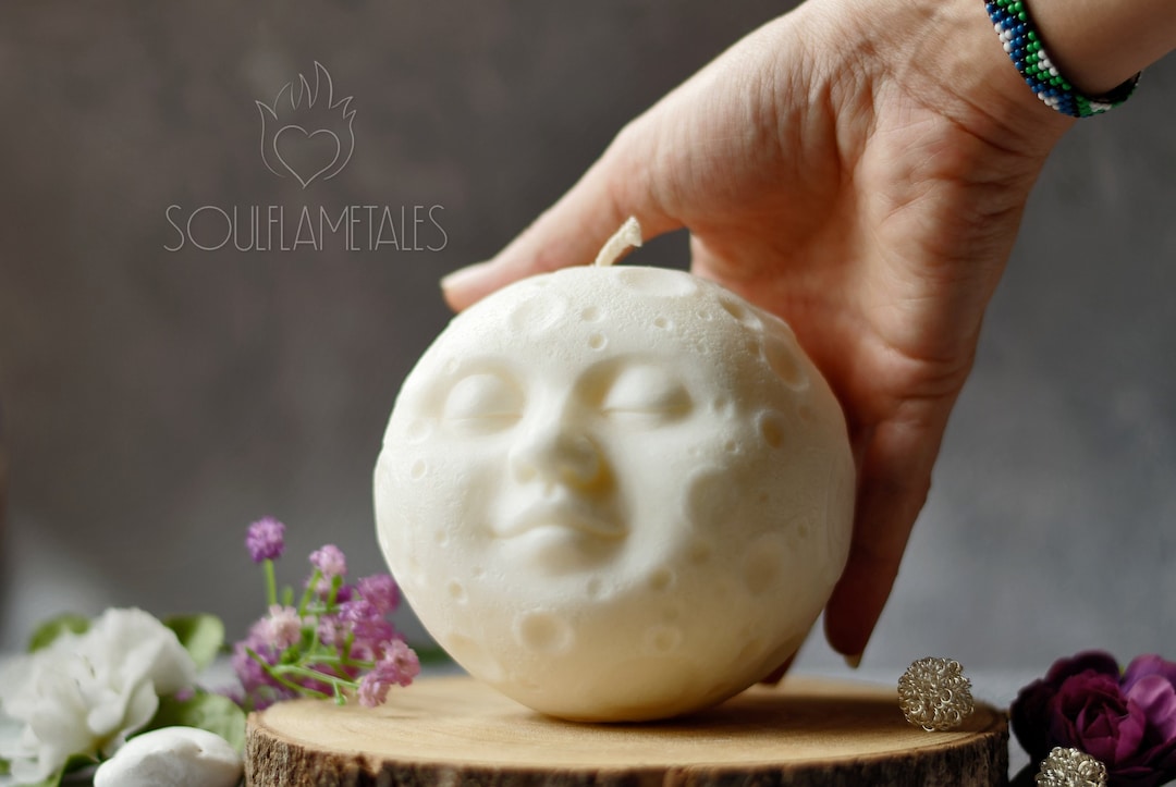 Large Full Moon With Face Soy Natural Candle, Lunar Candle, Vegan ...