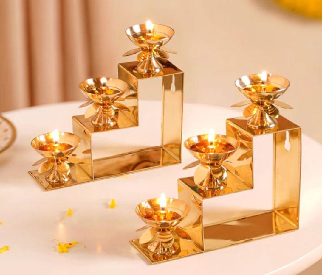 Brass Three Step Diya Pair Brass Diyas for Pooja 6"x2"x6.25" Pooja Oil ...