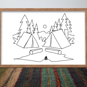 Minimalist Camping Line Art Print: Tent, Campfire, Forest (digital ...