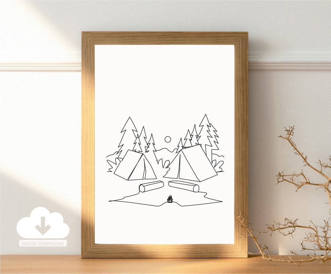 Minimalist Camping Line Art Print: Tent, Campfire, Forest (digital ...