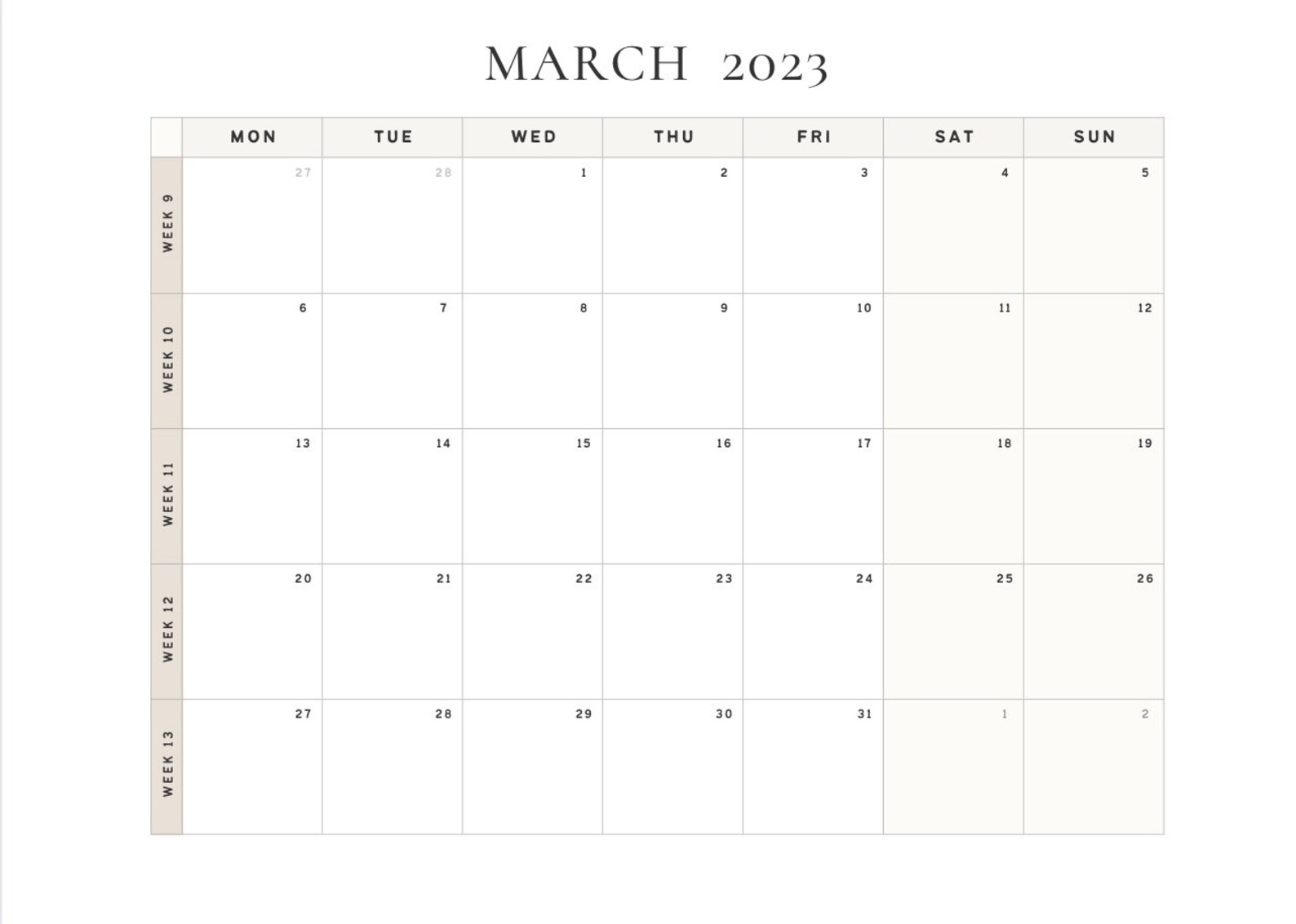 2023 Calendar Printable, 2023 Monthly Planner, Minimalist Planner Printable - Etsy