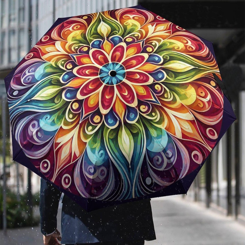 Colorful Mandala Umbrella – Made to Order Vibrant Auto Travel Umbrella ...
