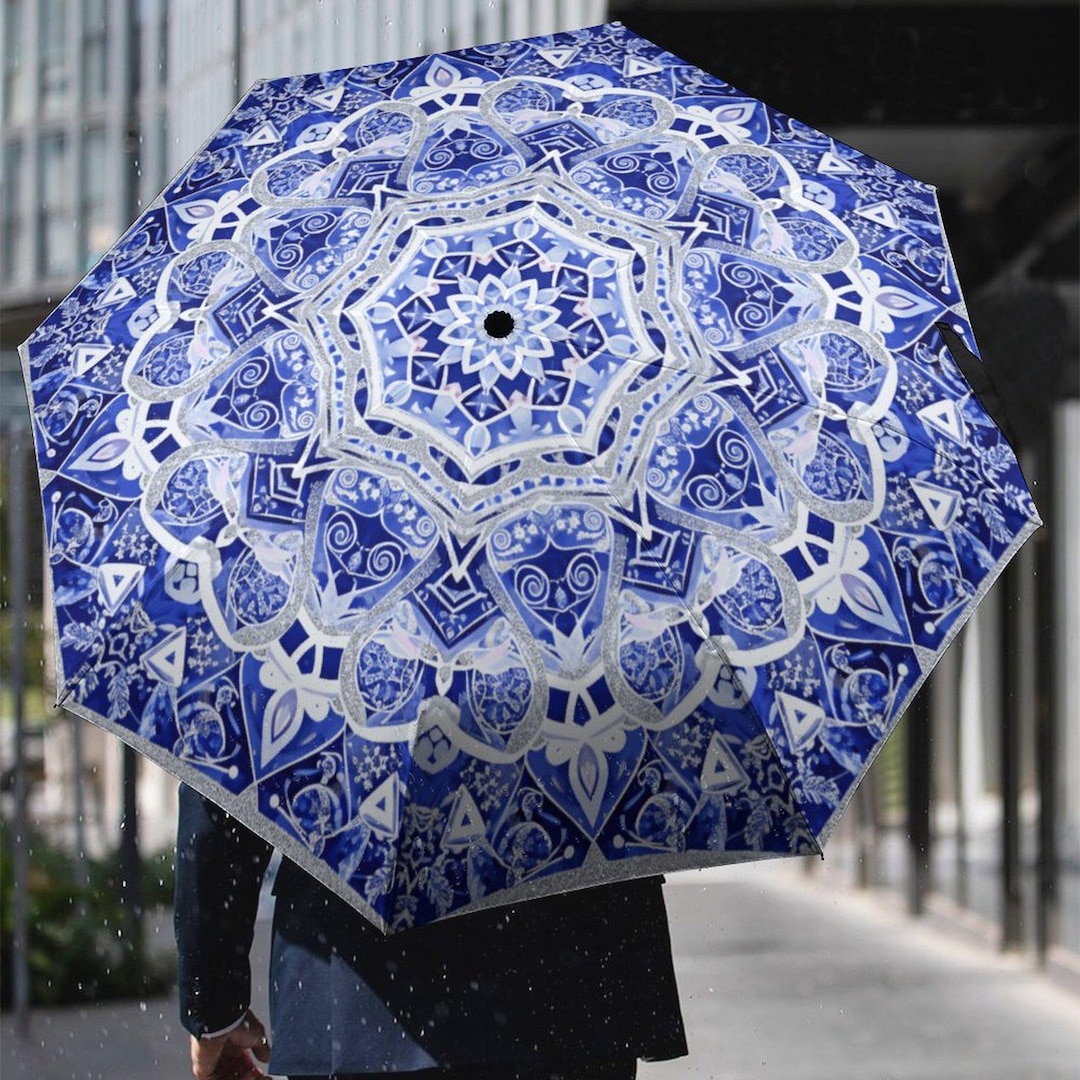 Blue Mandala Compact Umbrella Auto Open Close, Windproof & UV Safe - Etsy