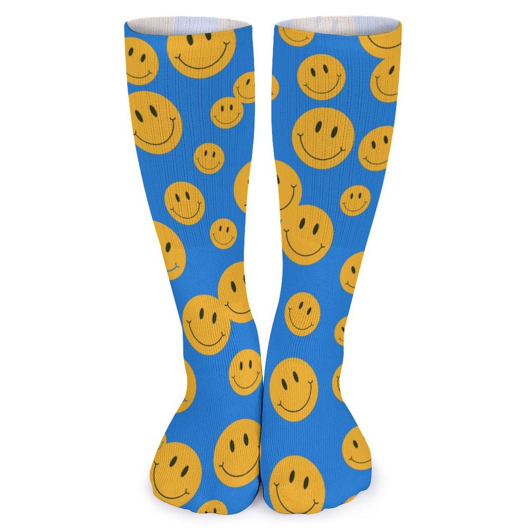 Smiley Face Knee High Socks, Happy Face Tube Socks, Blue Yellow Novelty ...