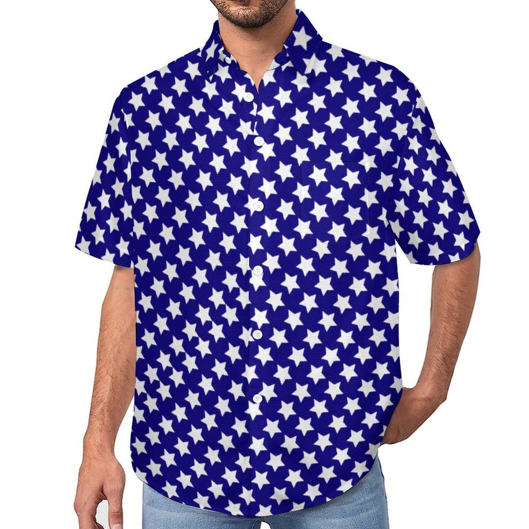 Men's Blue Star Print Shirt: Retro Faux Linen Button-up - Etsy
