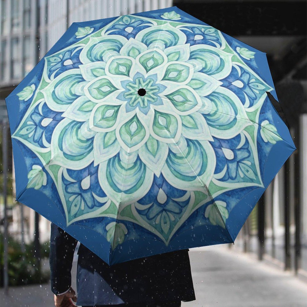Water Element Mandala Umbrella - Ocean Wave Pattern Auto Open Close ...