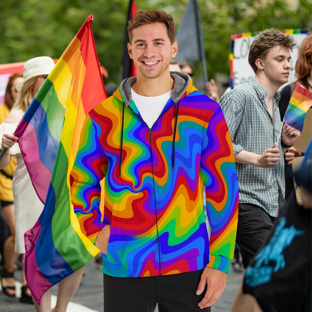 Rainbow Swirl Plush Zip up Hoodie: Psychedelic Scuba Fabric, Gray Plush ...