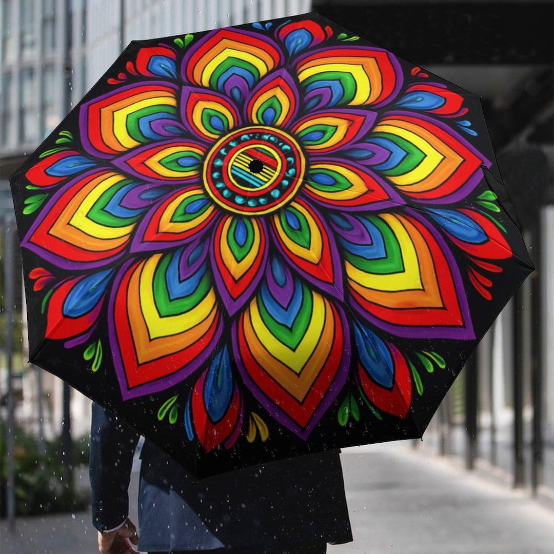 Rainbow Pride Mandala Umbrella – Vibrant Handmade Auto Open Windproof ...