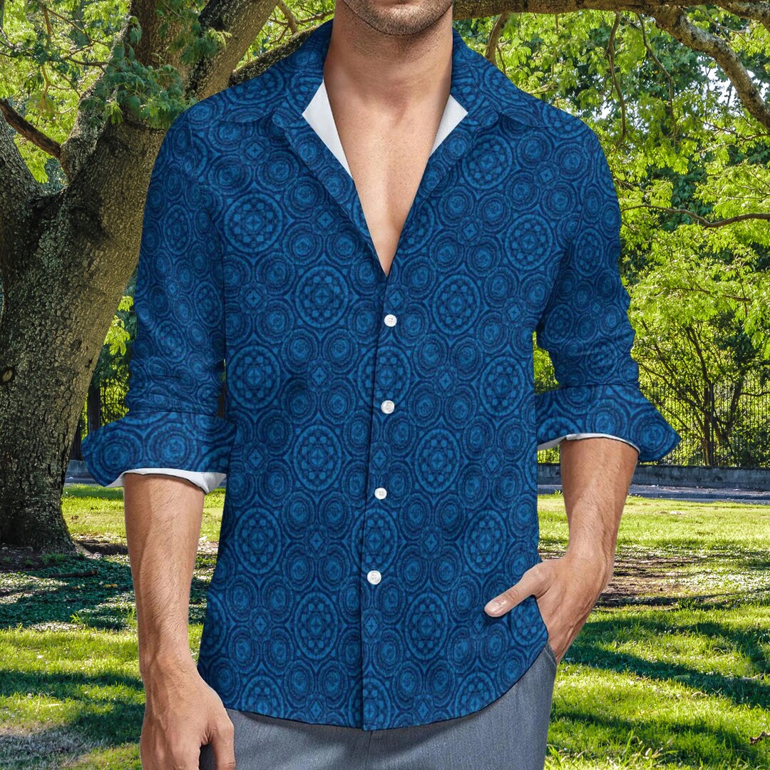 Luxury Blue Medallion Pattern Faux Linen Men's Button Down Shirt | Long ...