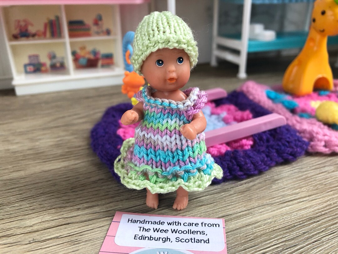 3 Inch Mini Baby Doll Clothes Hand Knitted Dress, Hat and Pants to Fit ...