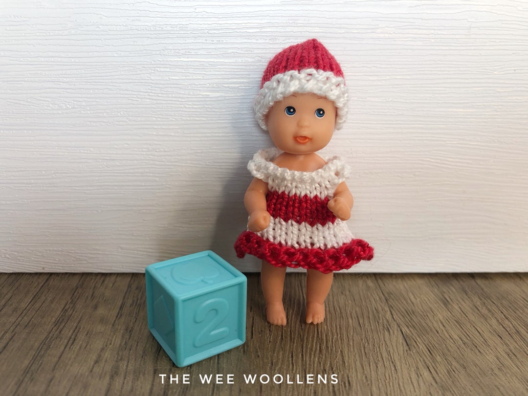 3 Inch Mini Baby Doll Clothes Hand Knitted Pants, Hat and Dress to Fit ...