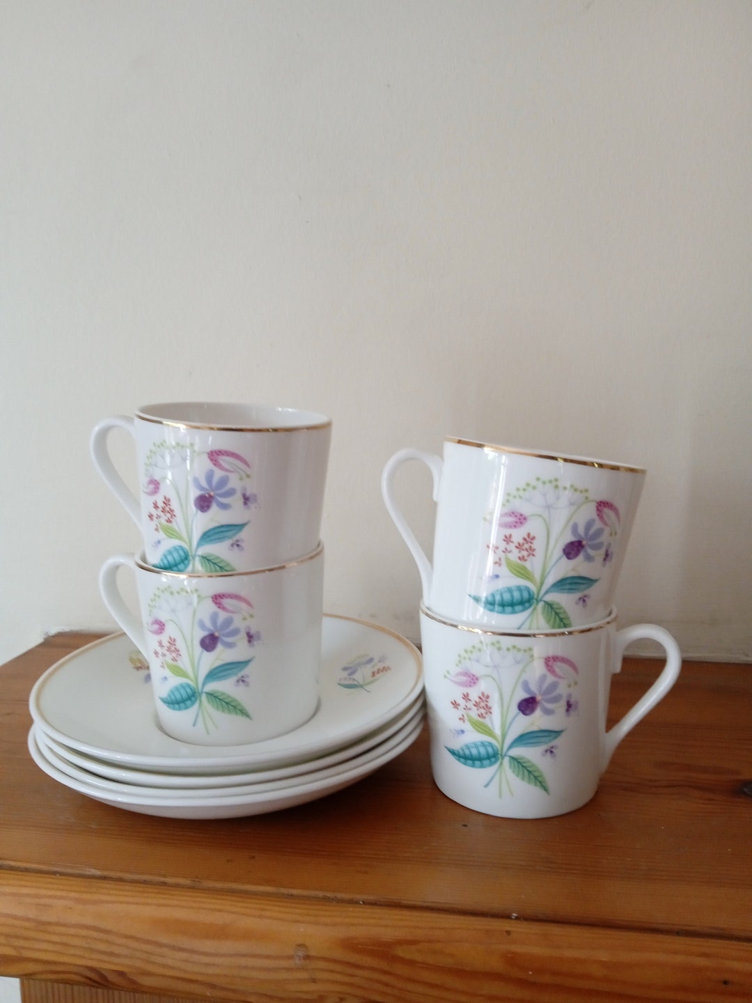 Stig Lindberg for Gustavsberg, Set of 4 Porcelain Coffee Cups & Saucers ...