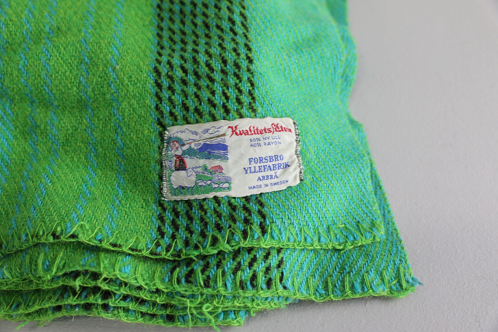 Vintage Wool Blanket From Forsbro - Wool Green Blanket With Black ...