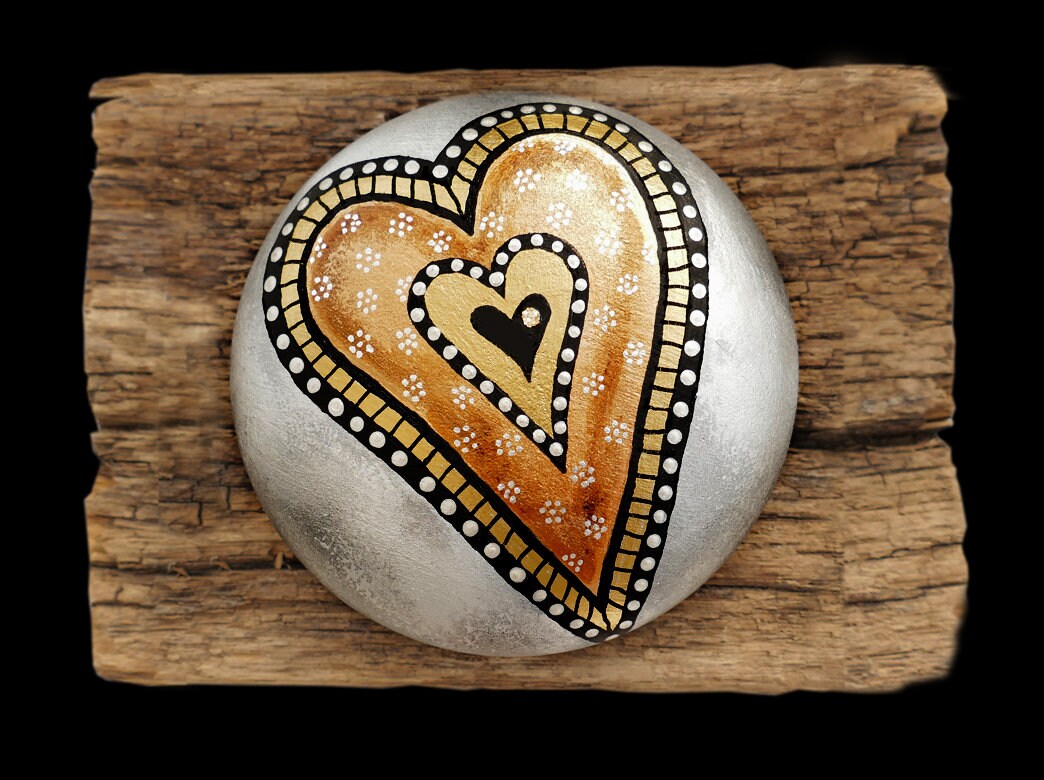 Hand Painted Heart Stone - Rock - Hand Made - Dot Paint - Metallic ...
