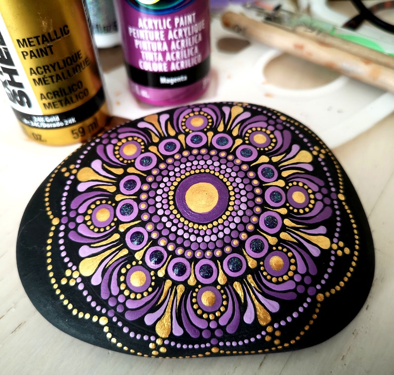Hand Painted Mandala - Stone - Rock - Pebble - Dot Paint - Shiny - Gift ...