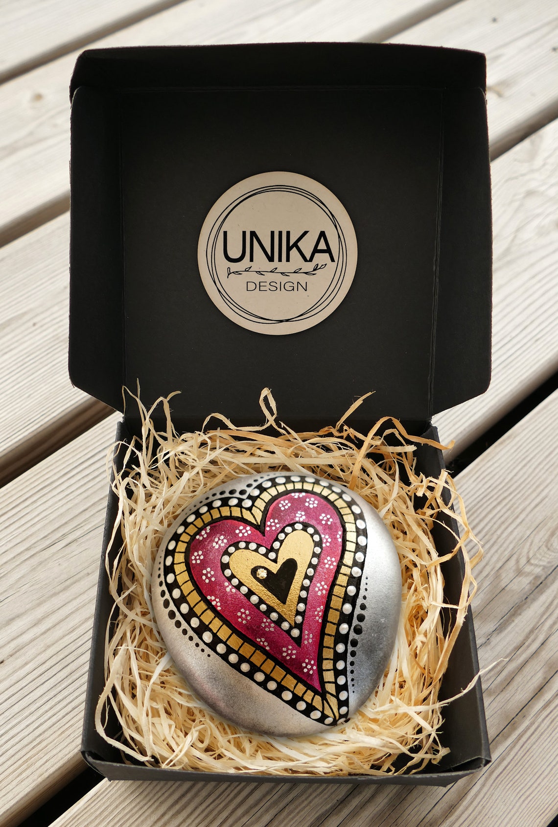 Hand Painted Heart Stone - Rock - Hand Made - Dot Paint - Metallic ...