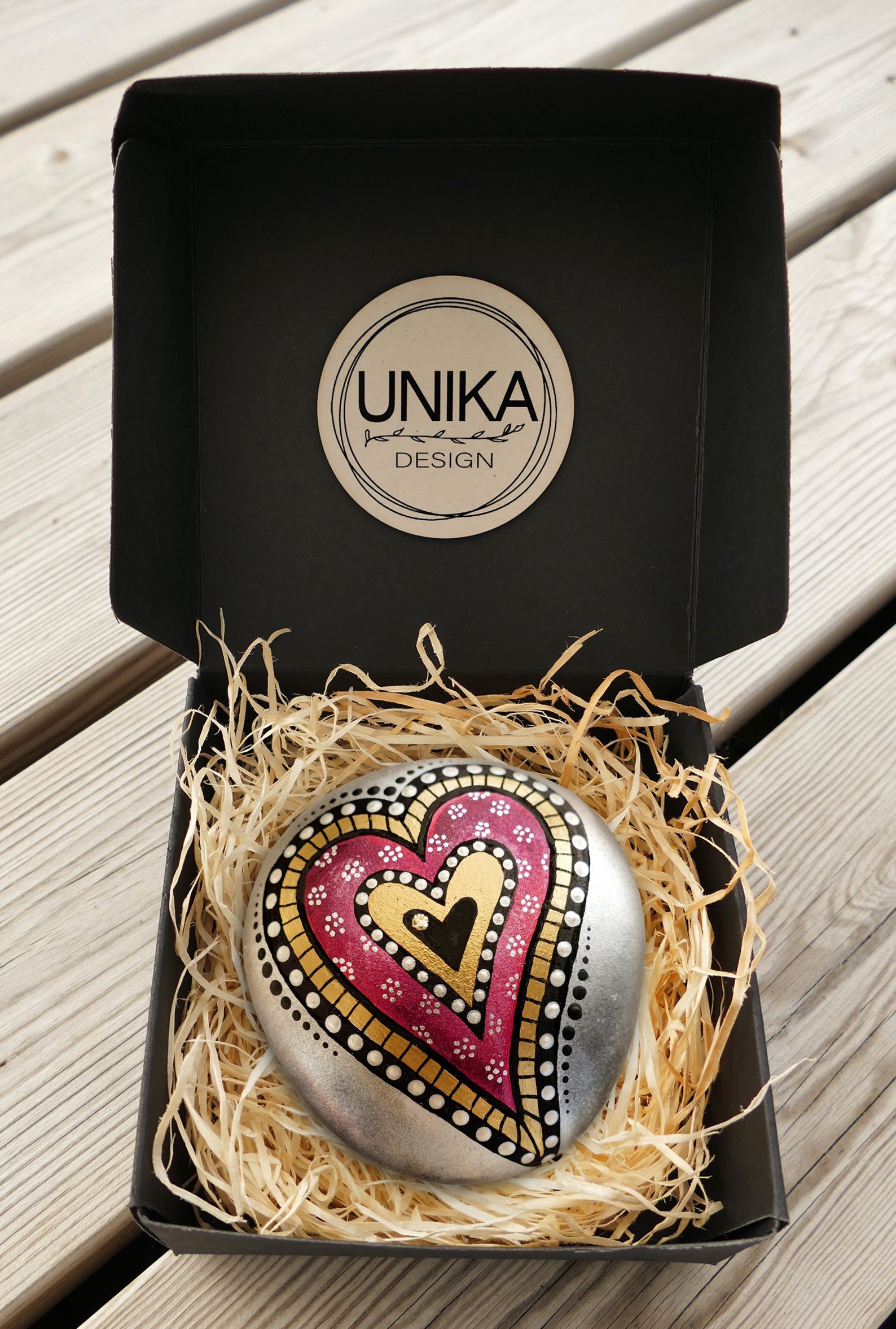 Hand Painted Heart Stone - Rock - Hand Made - Dot Paint - Metallic ...