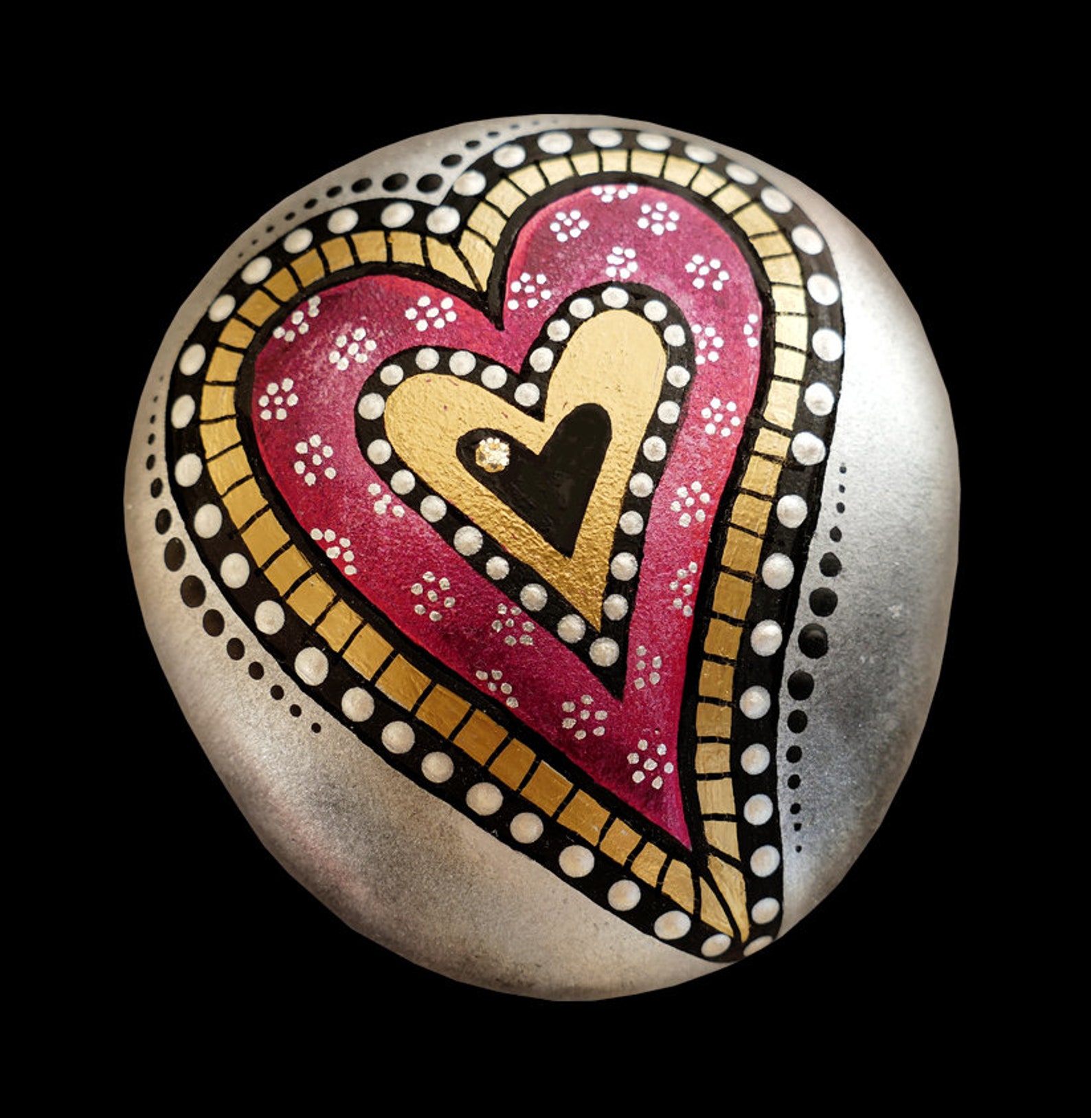 Hand Painted Heart Stone - Rock - Hand Made - Dot Paint - Metallic ...
