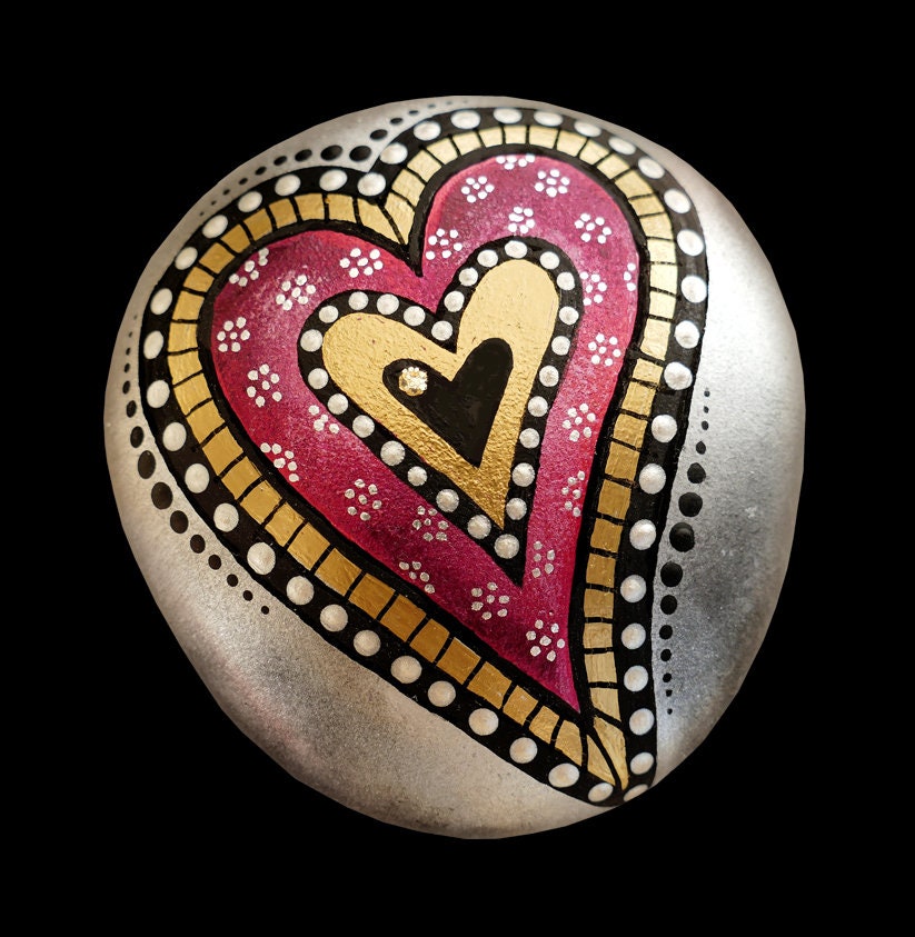 Hand Painted Heart Stone - Rock - Hand Made - Dot Paint - Metallic ...