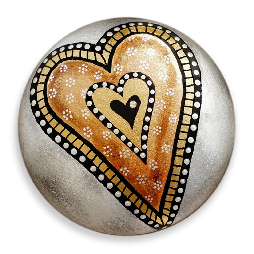 Hand Painted Heart Stone - Rock - Hand Made - Dot Paint - Metallic ...