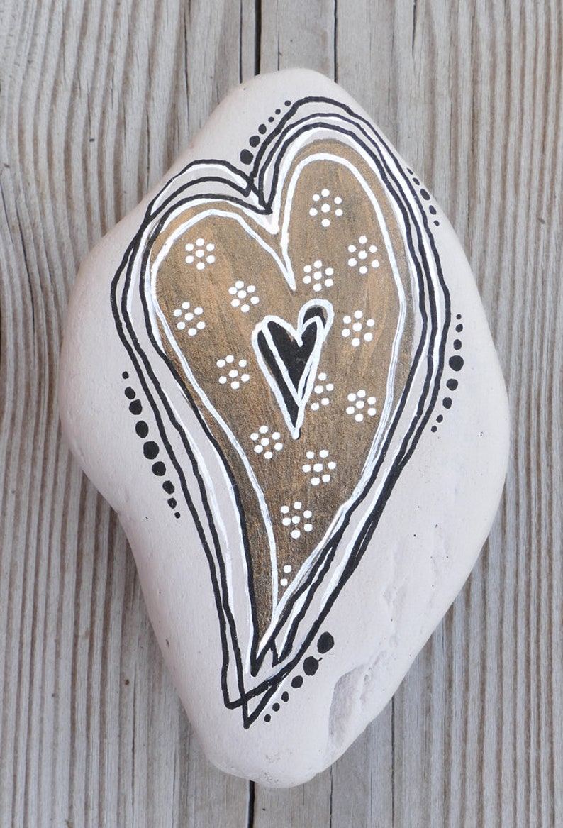 Hand Painted Heart Stone - Rock - Metallic - Shiny - Gold - Gift ...