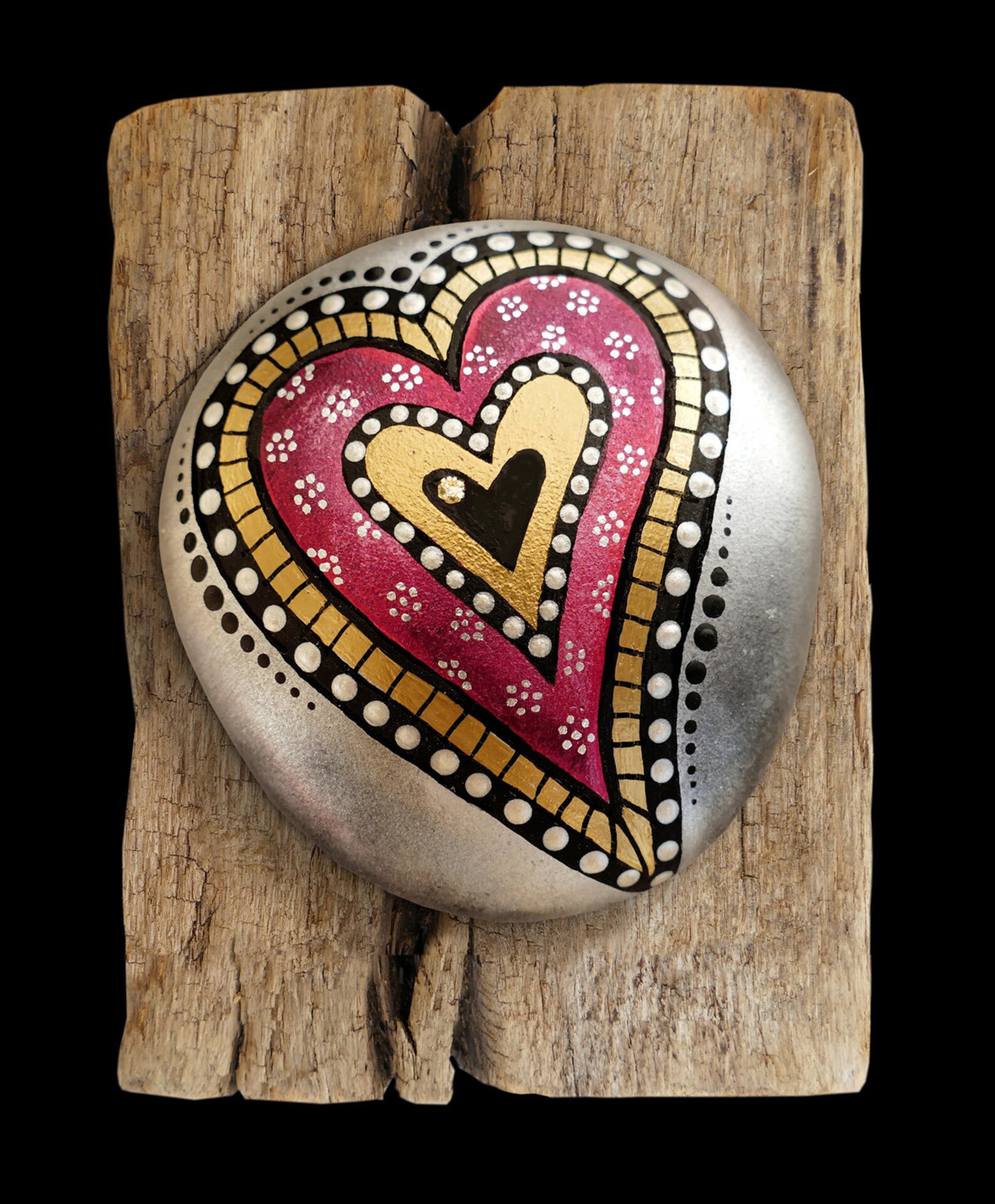 Hand Painted Heart Stone - Rock - Hand Made - Dot Paint - Metallic ...