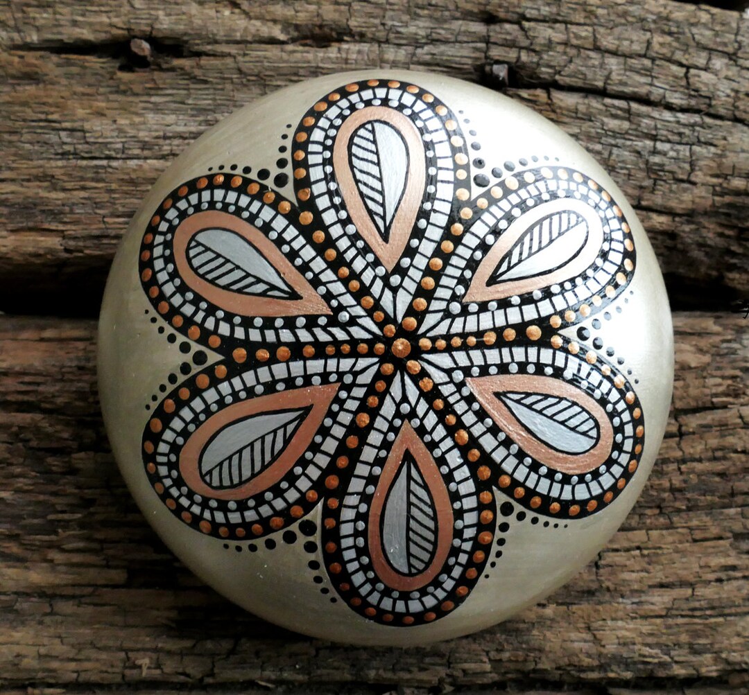 Hand Painted Stone - Flower - Rock - Hand Made - Metallic - Shiny ...