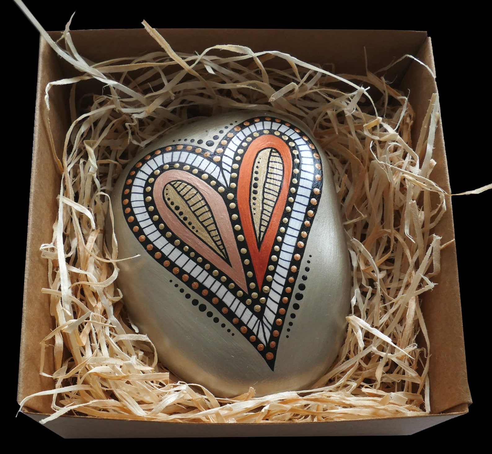 Hand Painted Heart Stone - Rock - Hand Made - Metallic - Shiny ...