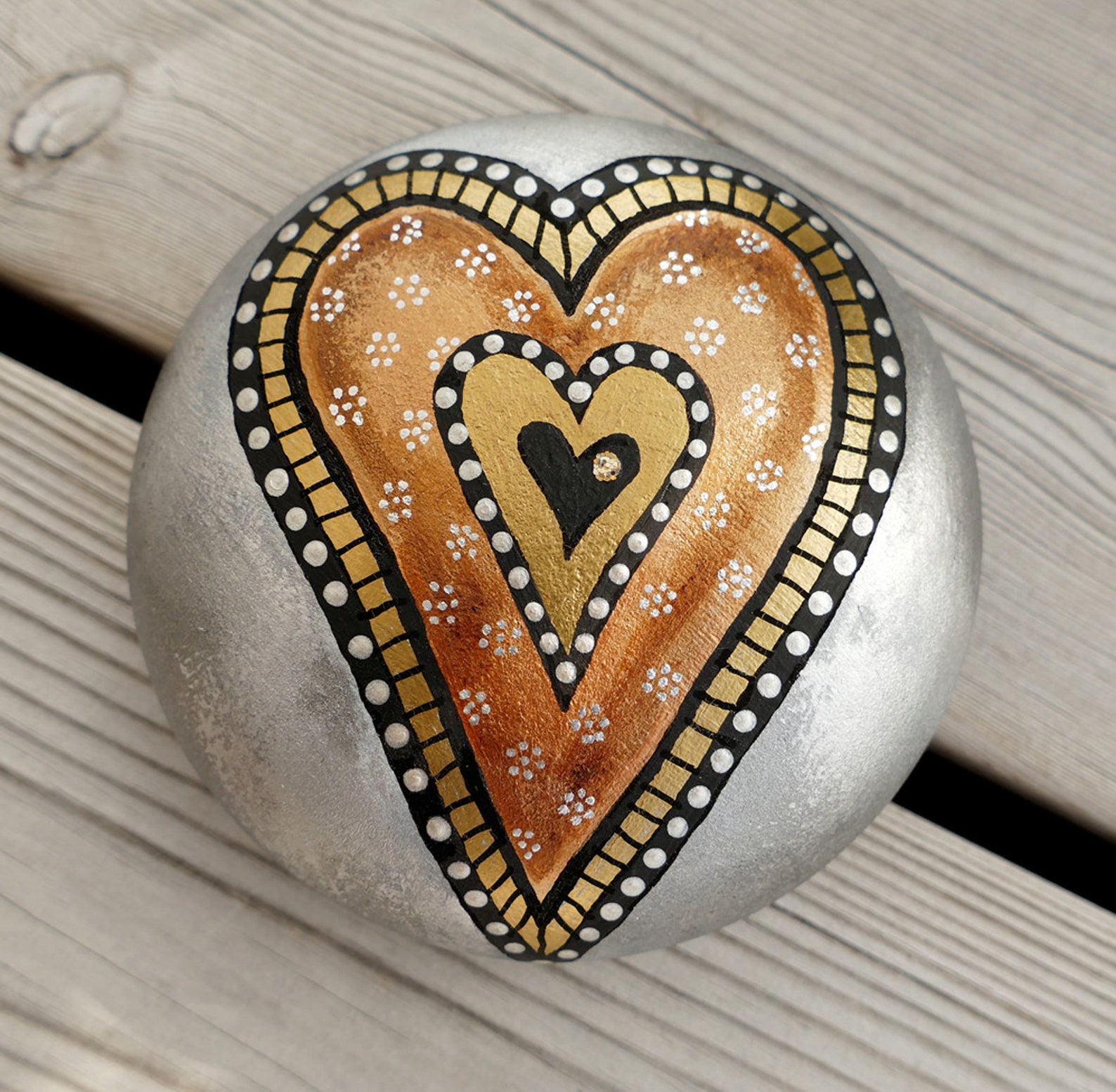 Hand Painted Heart Stone - Rock - Hand Made - Dot Paint - Metallic ...
