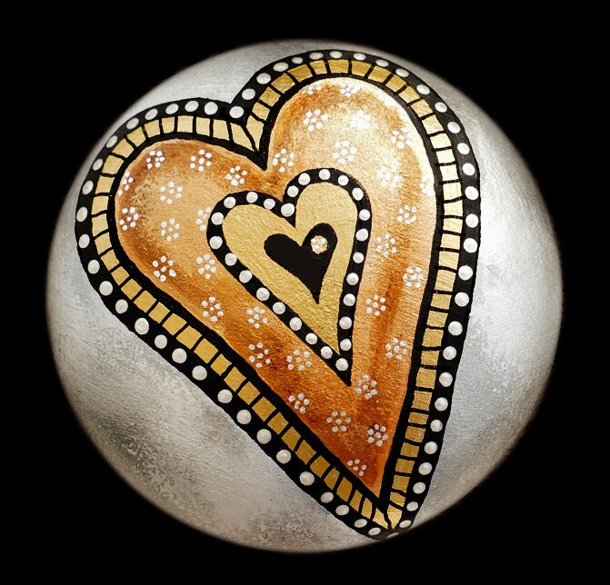 Hand Painted Heart Stone - Rock - Hand Made - Dot Paint - Metallic ...