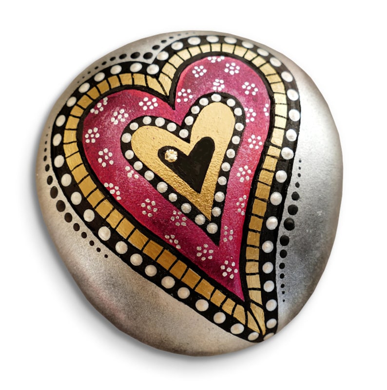 Hand Painted Heart Stone - Rock - Hand Made - Dot Paint - Metallic ...