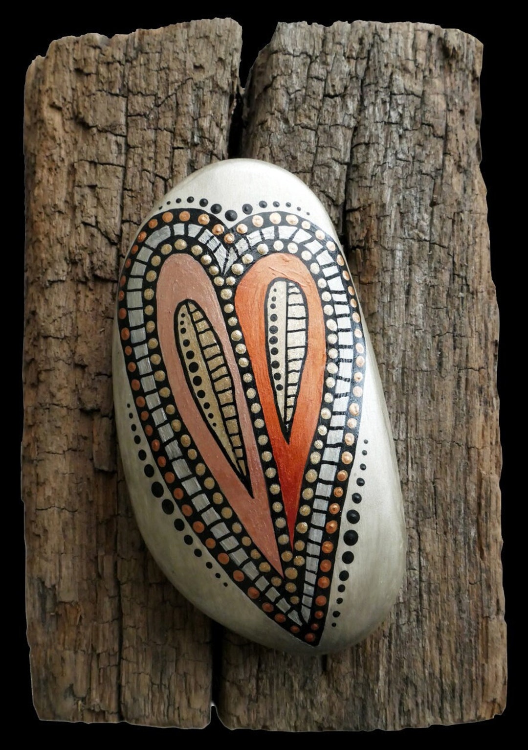 Hand Painted Heart Stone - Rock - Hand Made - Metallic - Shiny ...