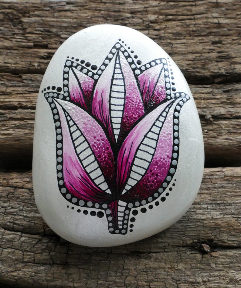 Mandala Stone Rock - Flower Tulip - Hand Made - Hand Painted - Metallic ...