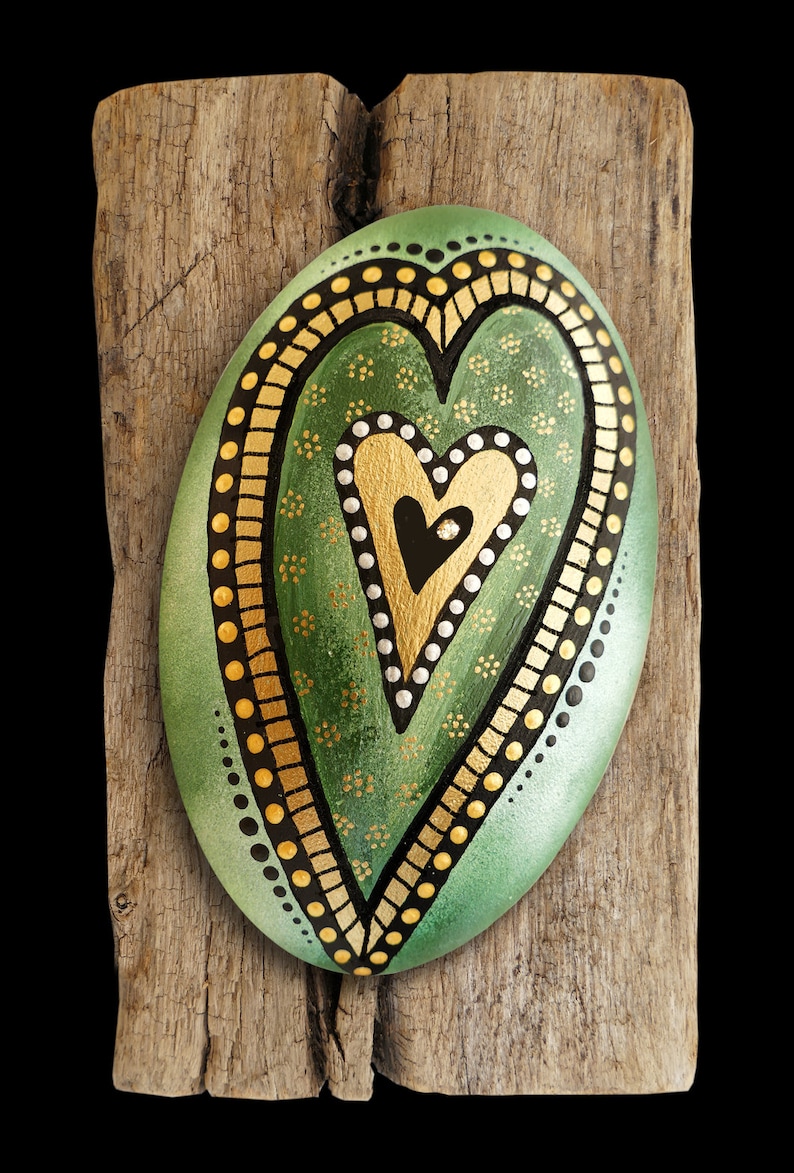 Hand Painted Heart Stone - Rock - Hand Made - Dot Paint - Metallic ...