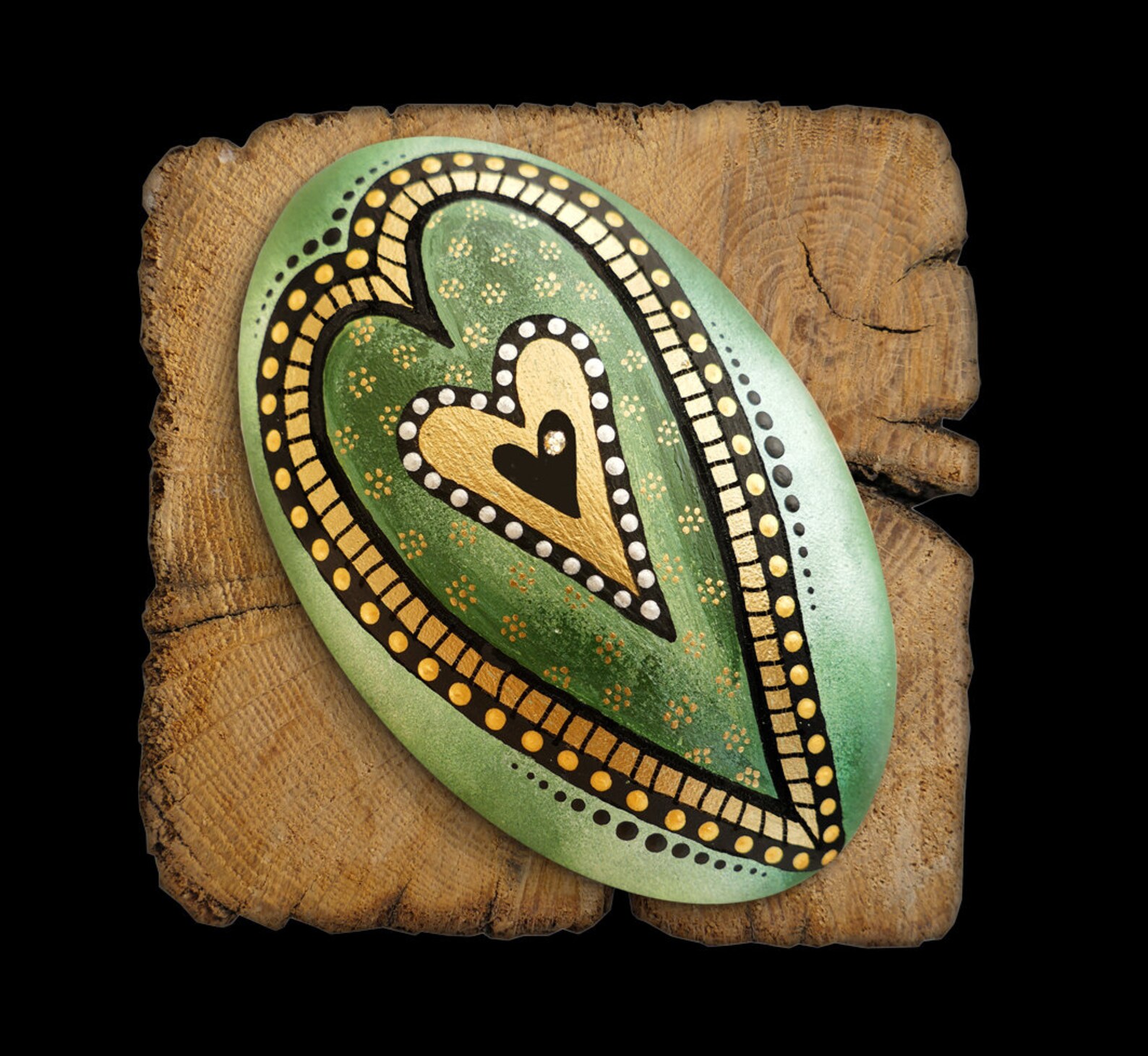 Hand Painted Heart Stone - Rock - Hand Made - Dot Paint - Metallic ...