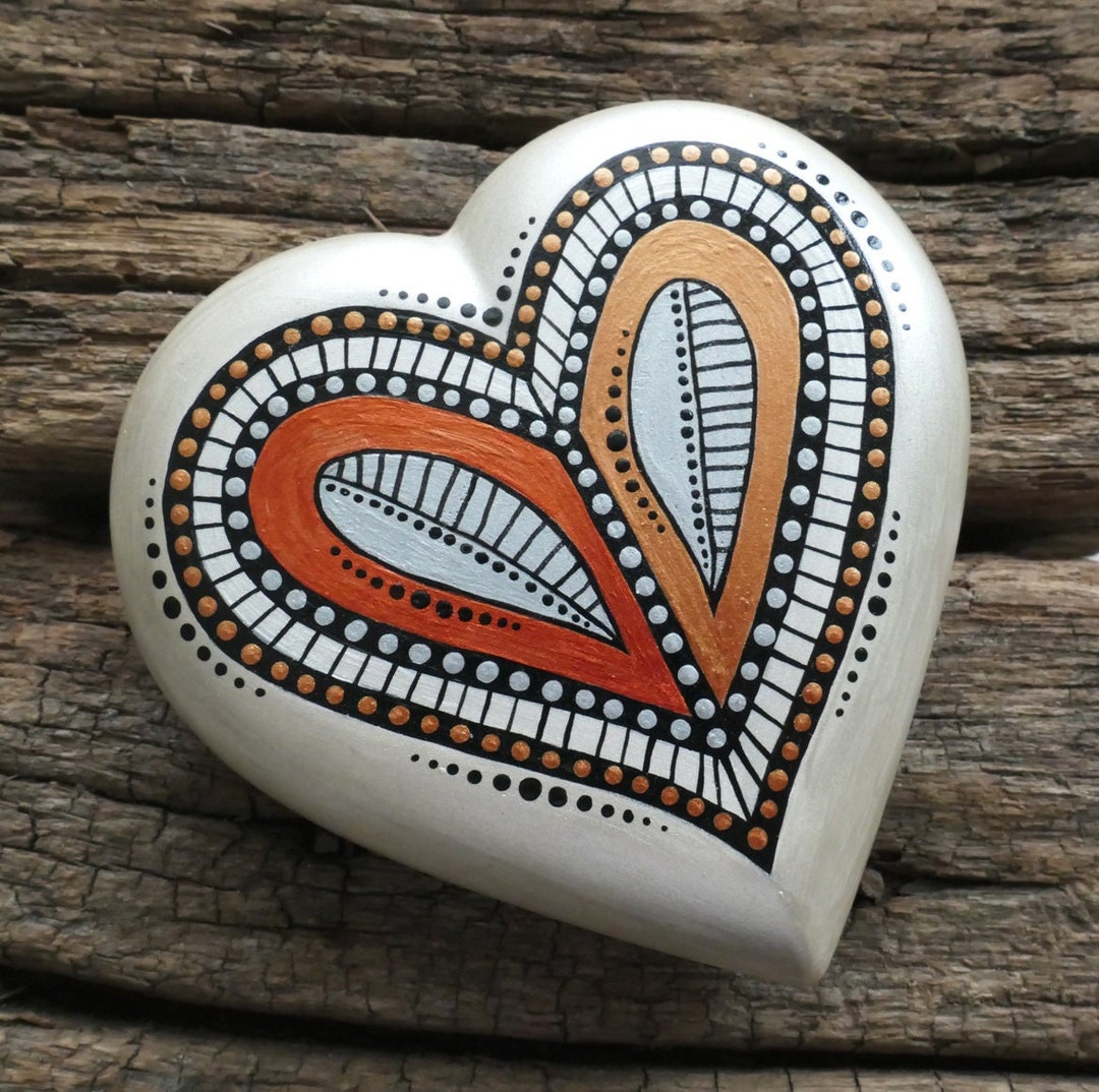 Hand Painted Heart Stone - Rock - Hand Made - Metallic - Shiny ...