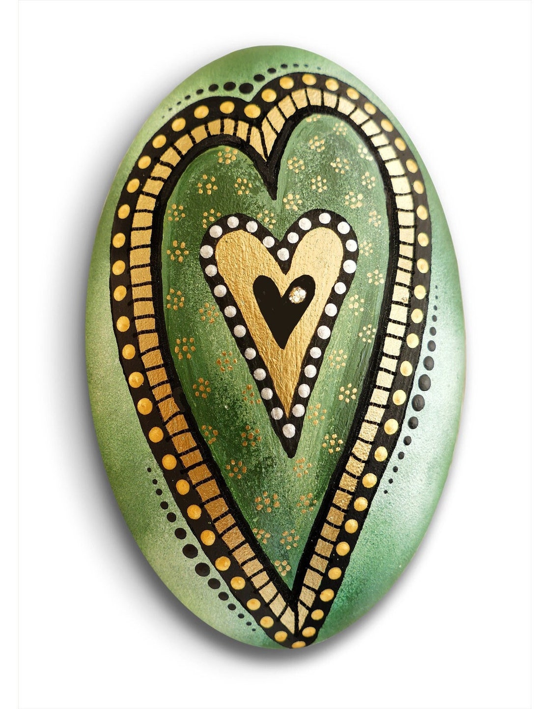 Hand Painted Heart Stone - Rock - Hand Made - Dot Paint - Metallic ...